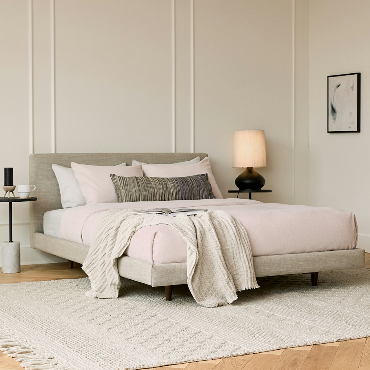 Clay Taupe Fabric Queen-Sized Bed Frame w/ Headboard | Tessu | Article