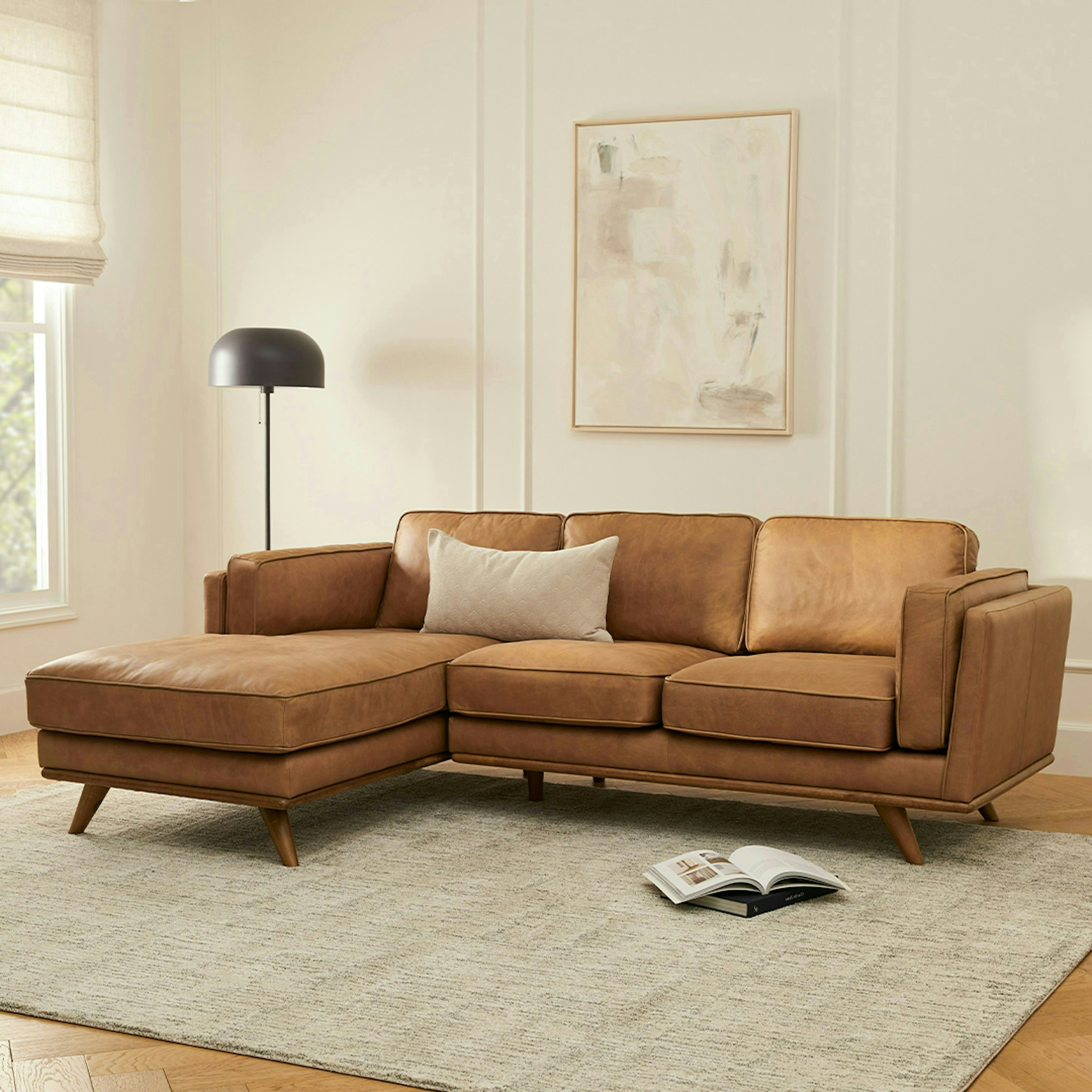 Charme Tan Timber Leather Honey Oak 3 Seater Left Sectional Article