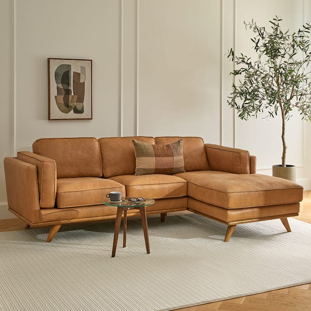 Charme Tan Timber Leather Honey Oak 3 Seater Right Sectional | Article
