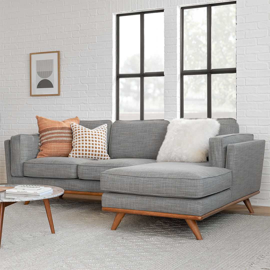 Pebble Gray Timber Fabric Honey Oak 3 Seater Right Sectional | Article