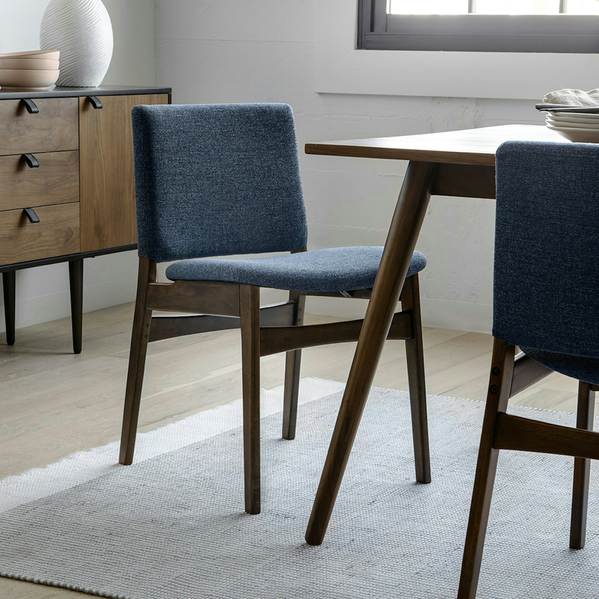Walnut & Denim Blue Fabric Dining Chair | Nosh | Article