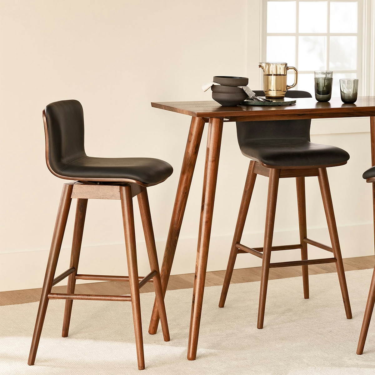 Walnut & Black Leather Swivel Bar Stool | Sede | Article