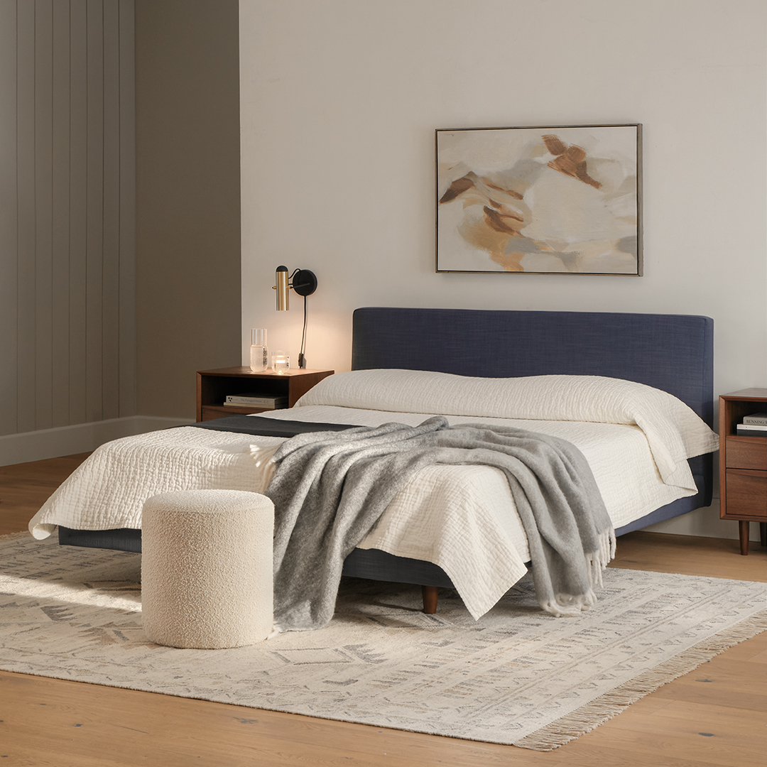 Caspian Blue Fabric Queen Sized Bed Frame w Headboard Tessu Article
