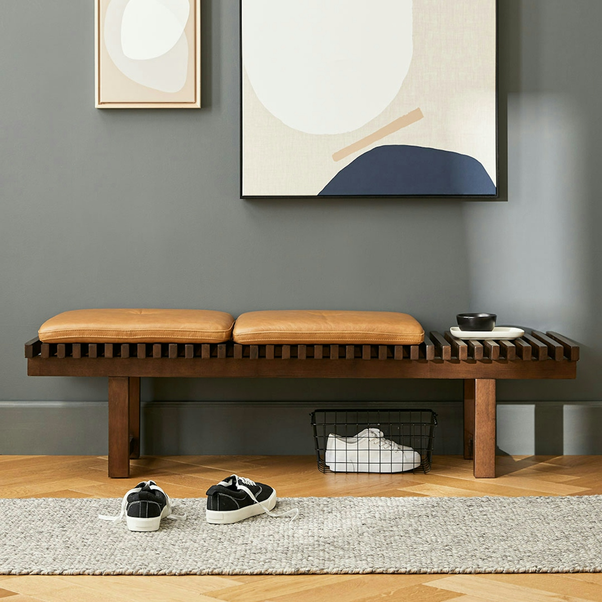 Walnut Wood Bench w/ Charme Tan Leather Cushions | Ripa | Article