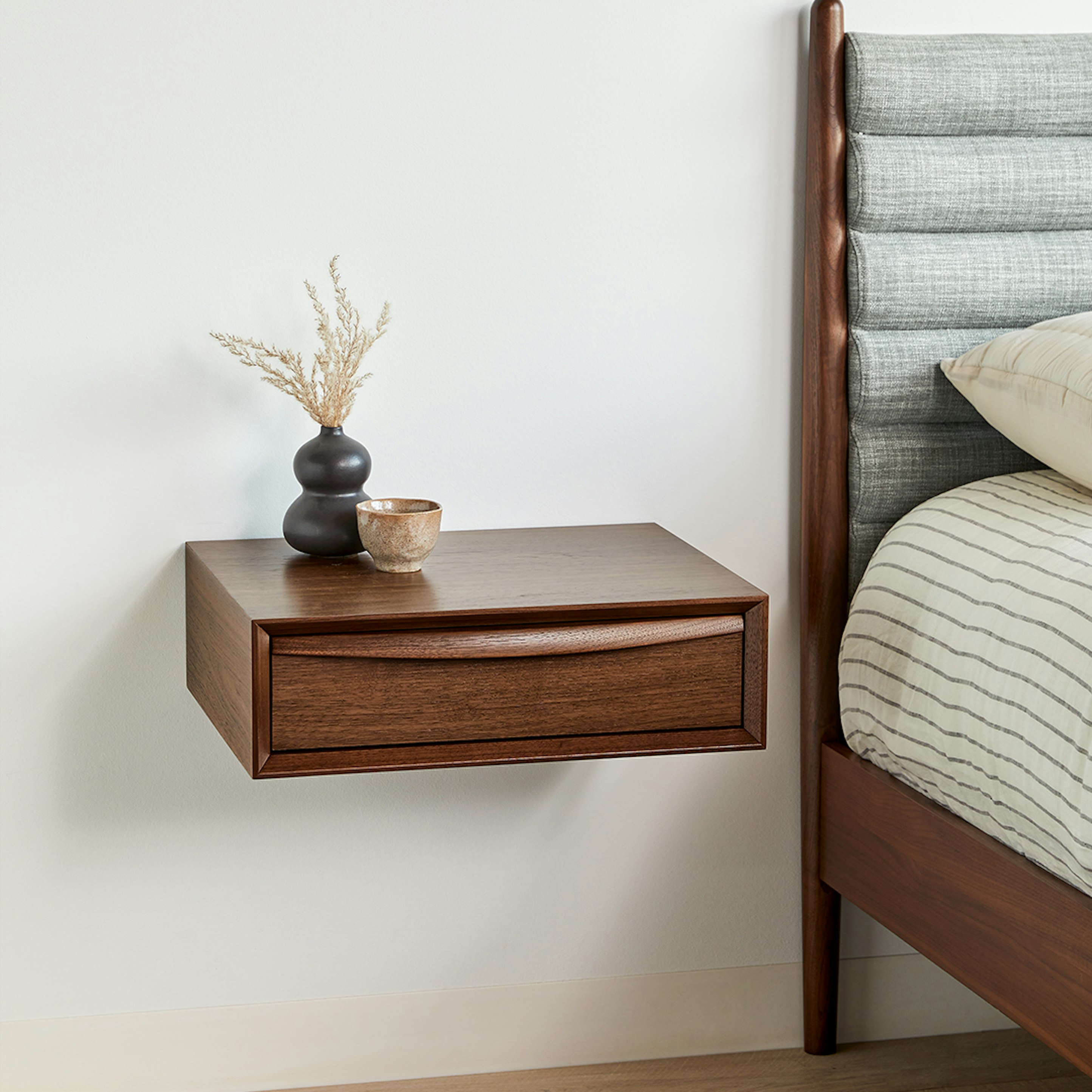 Lenia Walnut Solid Wood Floating Nightstand Soft Close Drawer Article Mid Century Modern Furniture