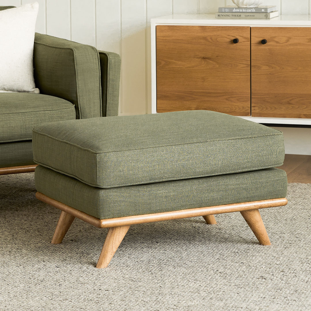Timber Olio Green Fabric Wood Ottoman Article