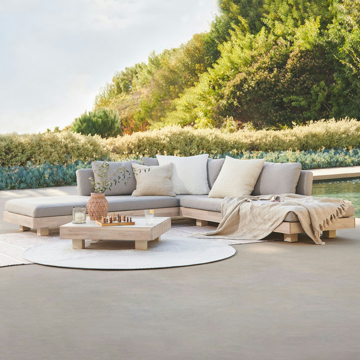 Acacia Wood & Beach Sand Fabric Outdoor Sectional Set | Lubek | Article