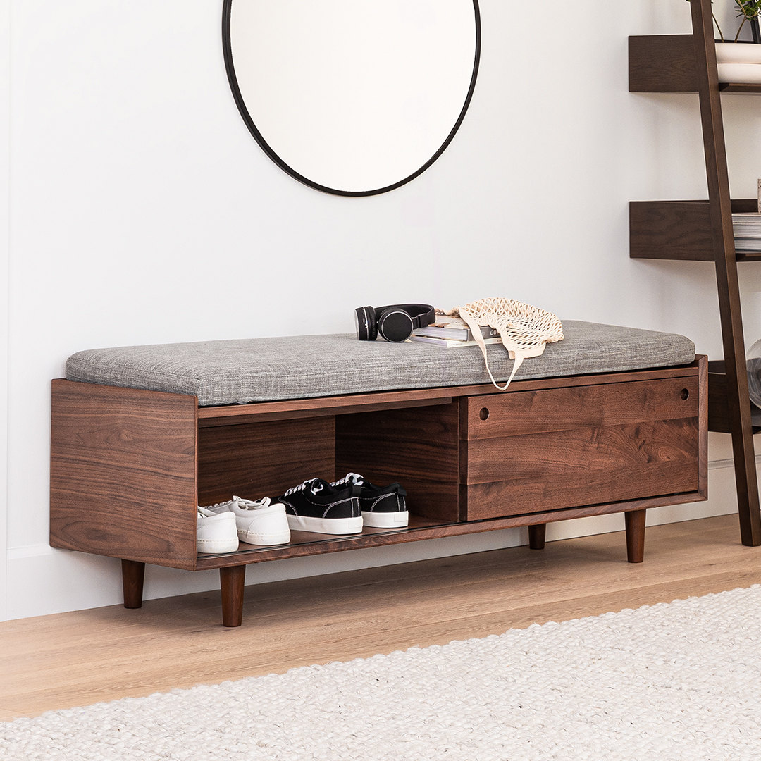Walnut Bench with Storage Gray Padded Seat Article Nederin Modern Furniture