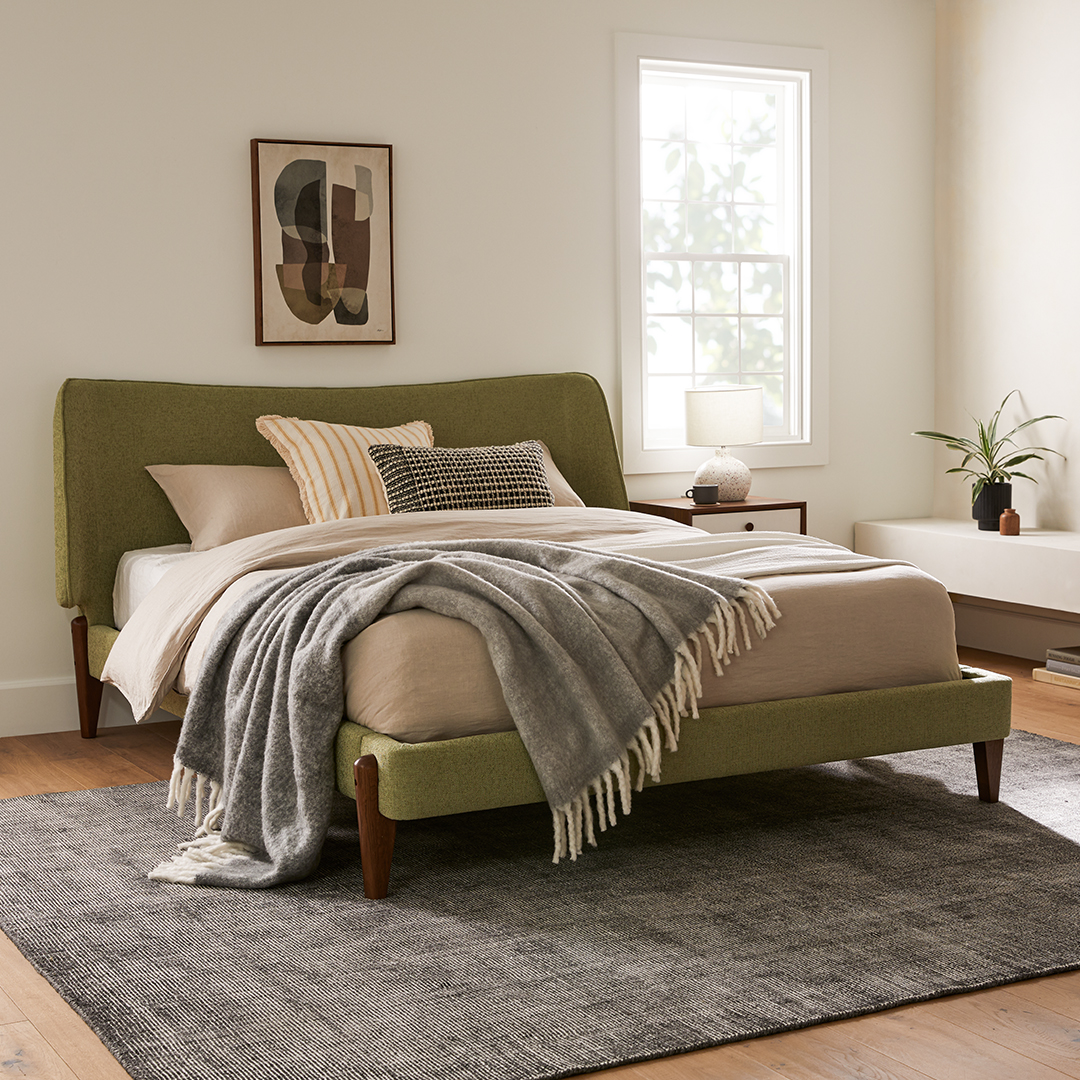 Green Fabric Queen Bed Solid Wood Legs Mid Century Design Article Uden Modern Furniture
