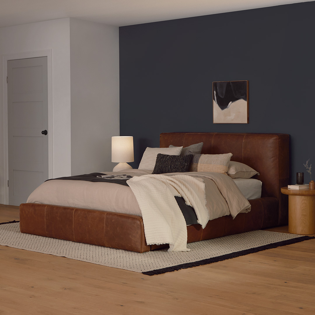 Brown leather bed frame queen store