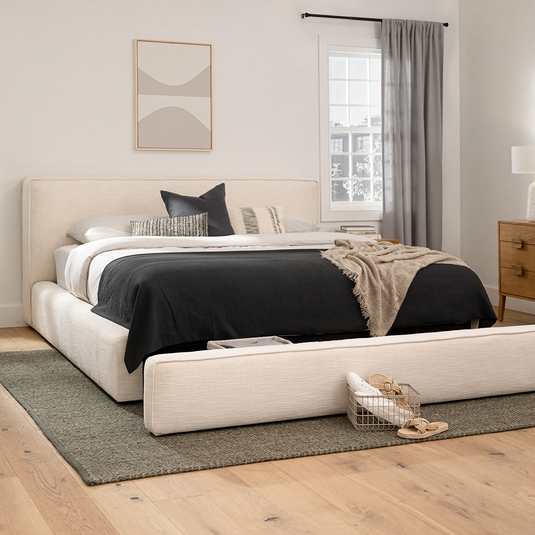 Cigar Ankara Ivory White Fabric King Size Storage Bed Japandi Style Article
