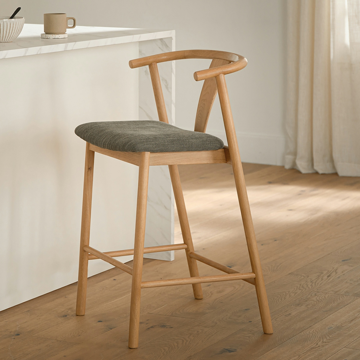 Fonra Algonquin Green Fabric & Oak Wood Wishbone Counter Stool | Article