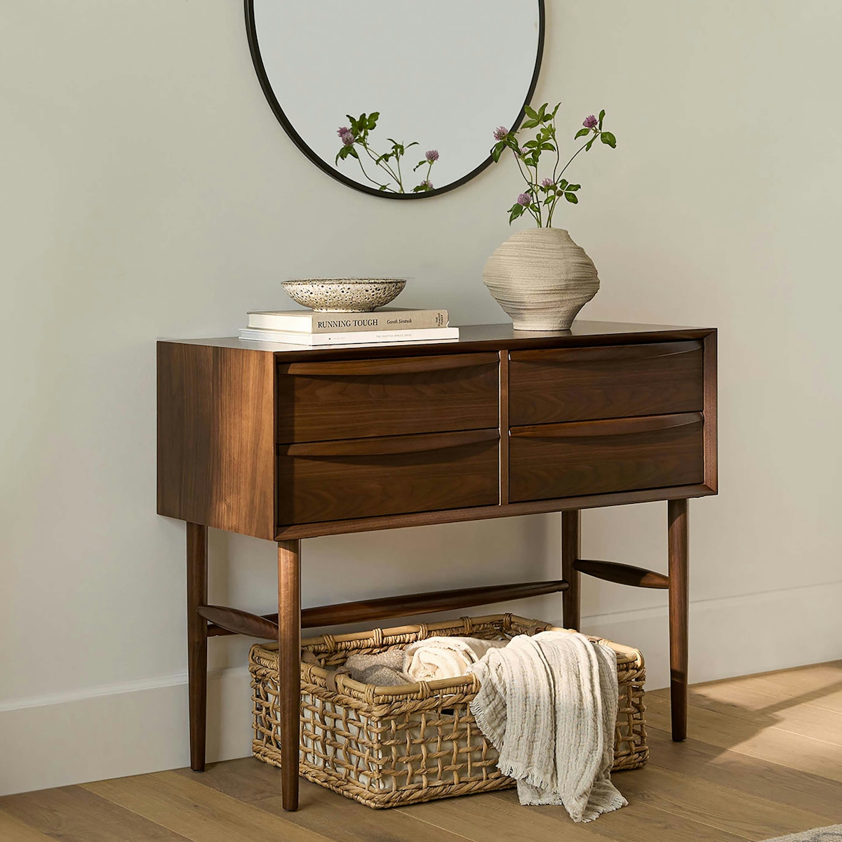 Lenia Walnut Wood Minimalist Design Console w/ 4 Drawers | Article