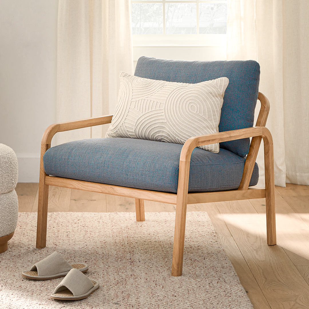 Kirkby Powder Blue Fabric & Solid Oak Wood Lounge Chair | Article