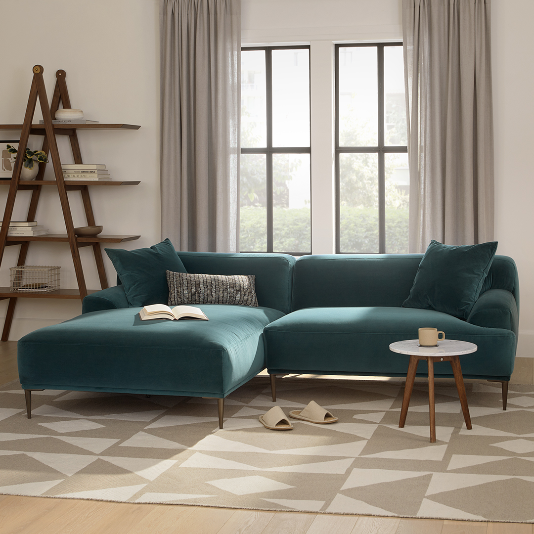 Abisko Plush Pacific Blue Velvet Metal Legs Left Sectional Article