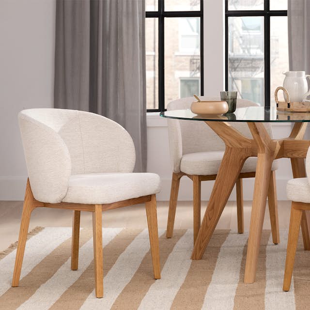 Alta Oak Wood & Camellia Ivory Fabric Curved Dining Armchair | Article