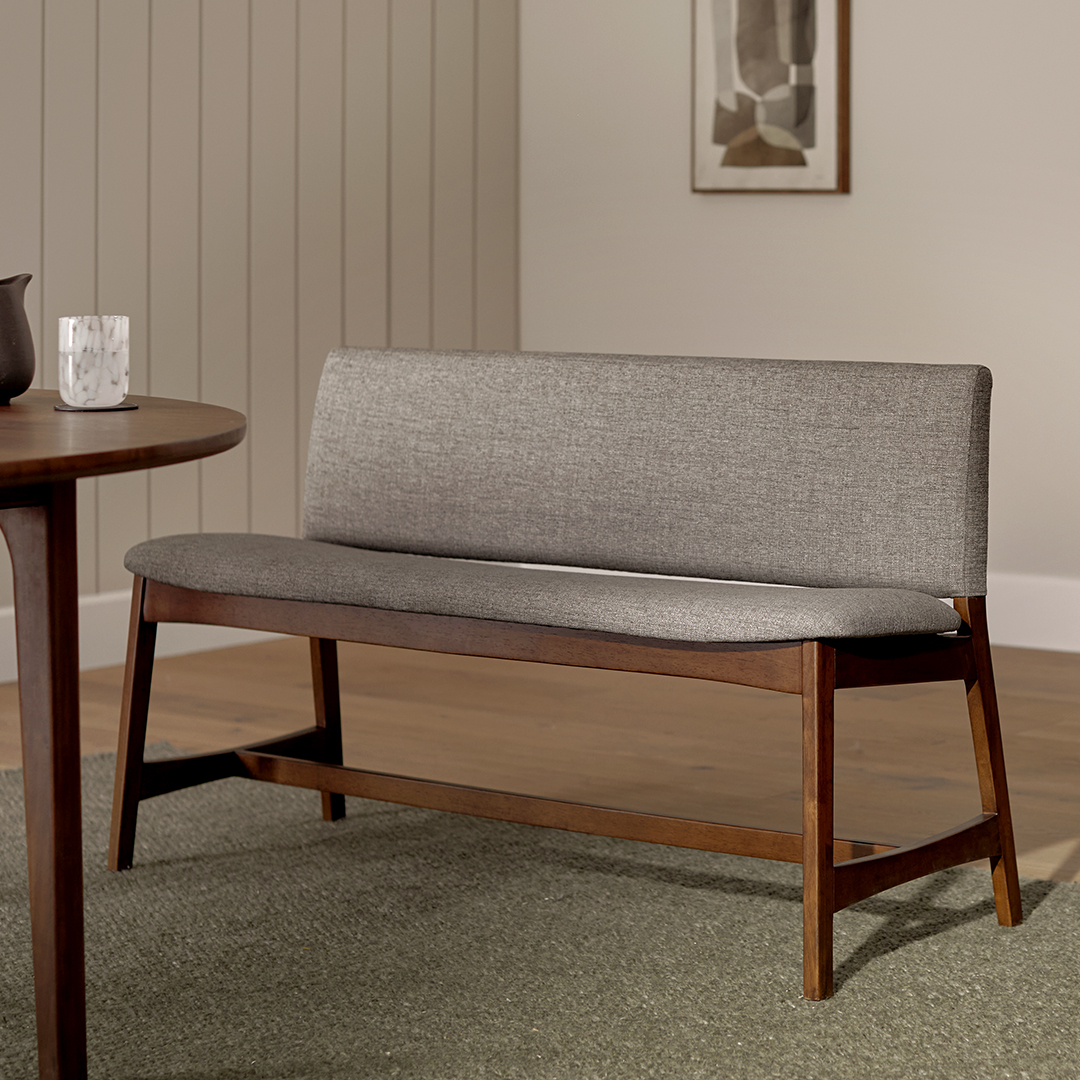 Nosh Quarry Gray Fabric & Walnut Wood Dining Bench | Article