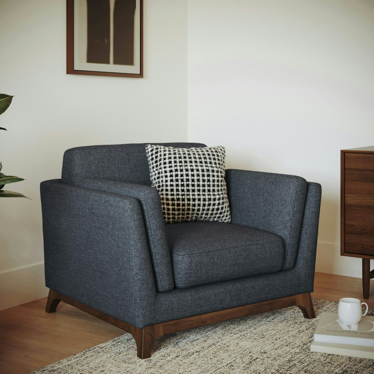 Ceni Walnut & Denim Blue Fabric Armchair | Article