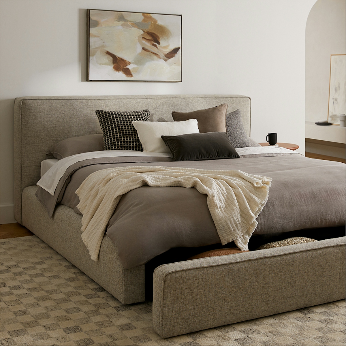 Cigar Birch Ivory White Fabric King Size Storage Bed, Japandi Style ...