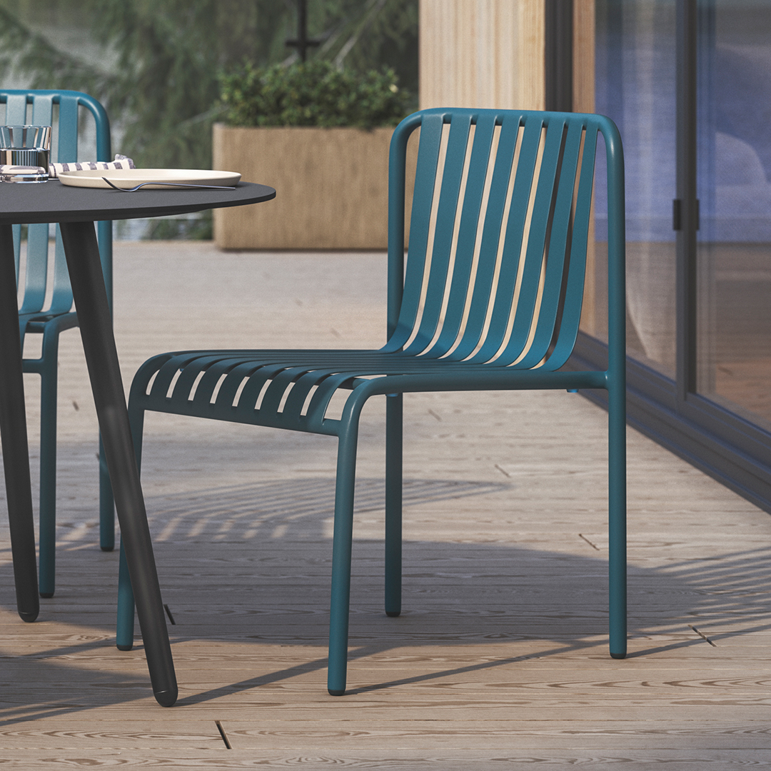 Sarek Peacock Blue Outdoor Stackable Metal Dining Chair | Article