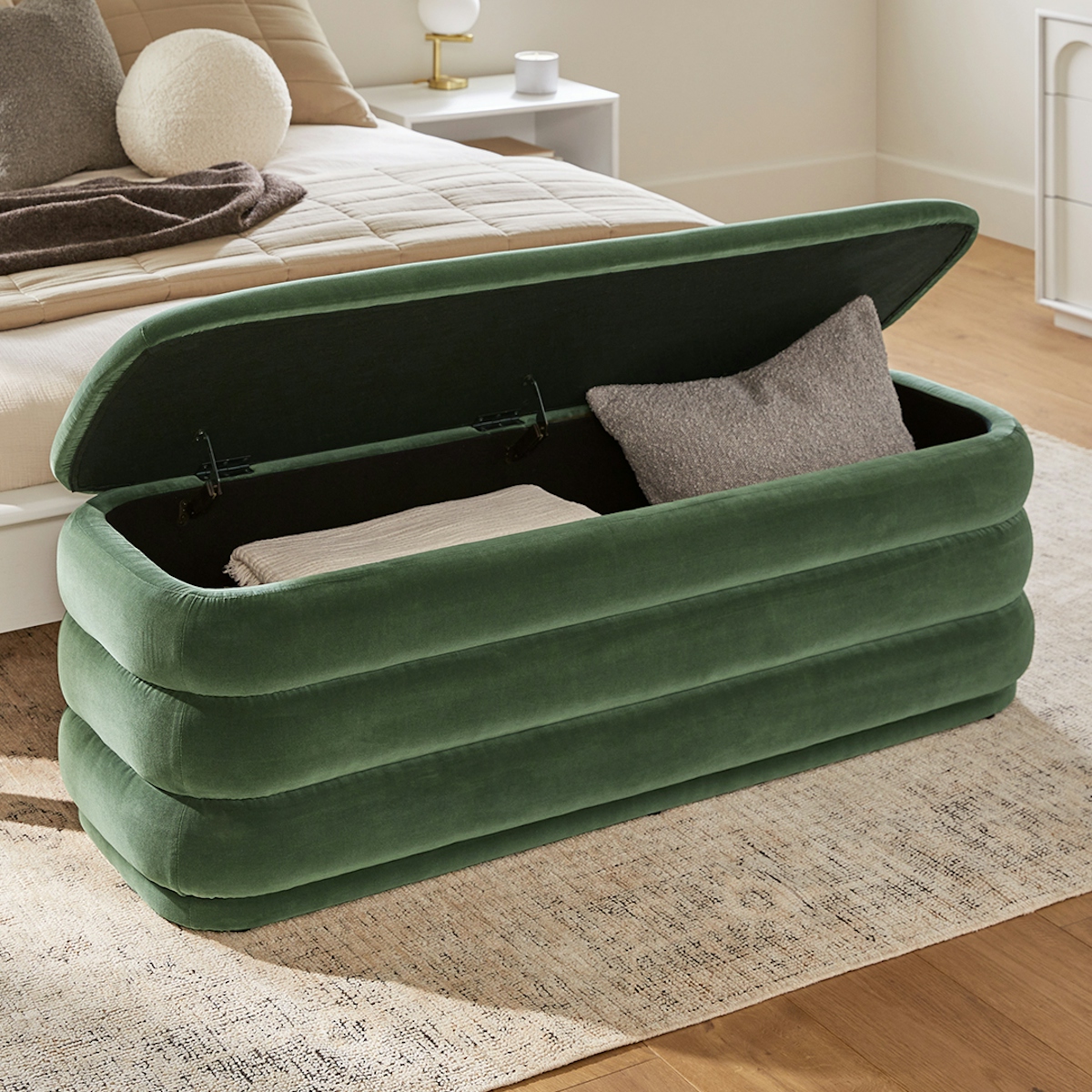 Rolph Plush Pacific Green Velvet Storage Bench | Article
