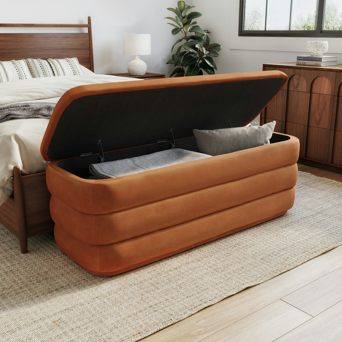 Rolph Plush Pacific Rust Velvet Storage Bench | Article