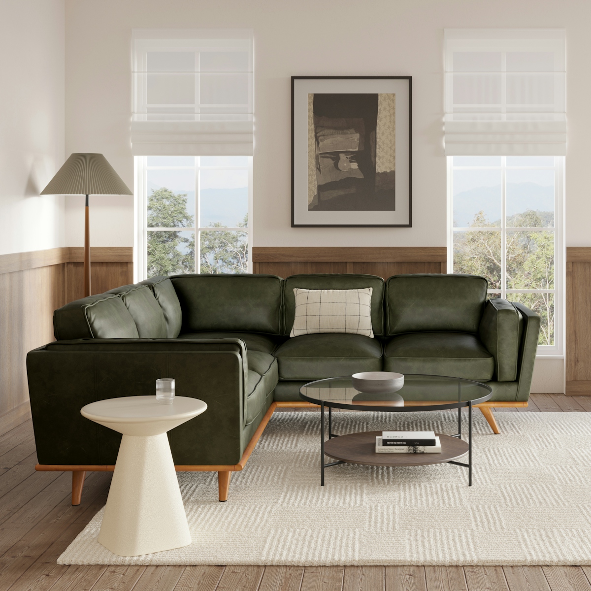 Charme Green Timber Leather Honey Oak Corner Sectional | Article