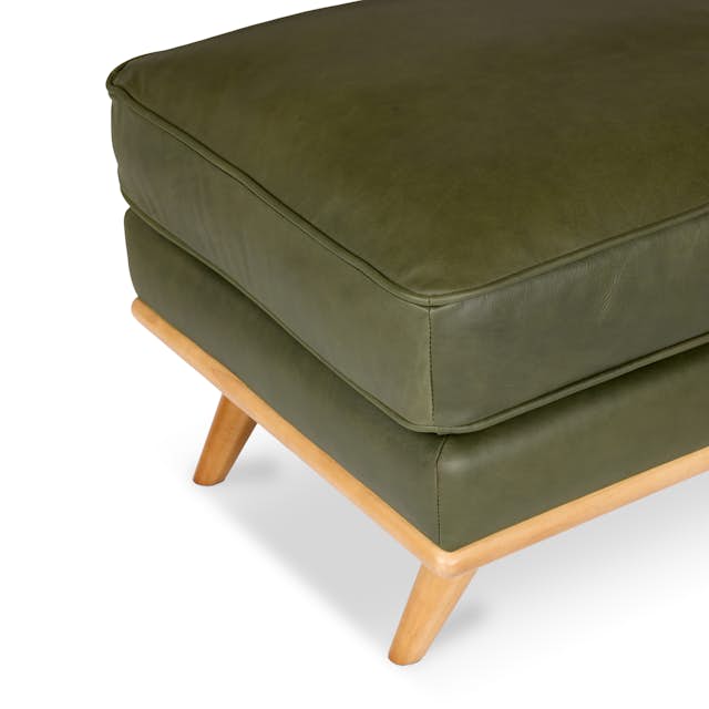 Timber Charme Green Leather & Wood Ottoman | Article