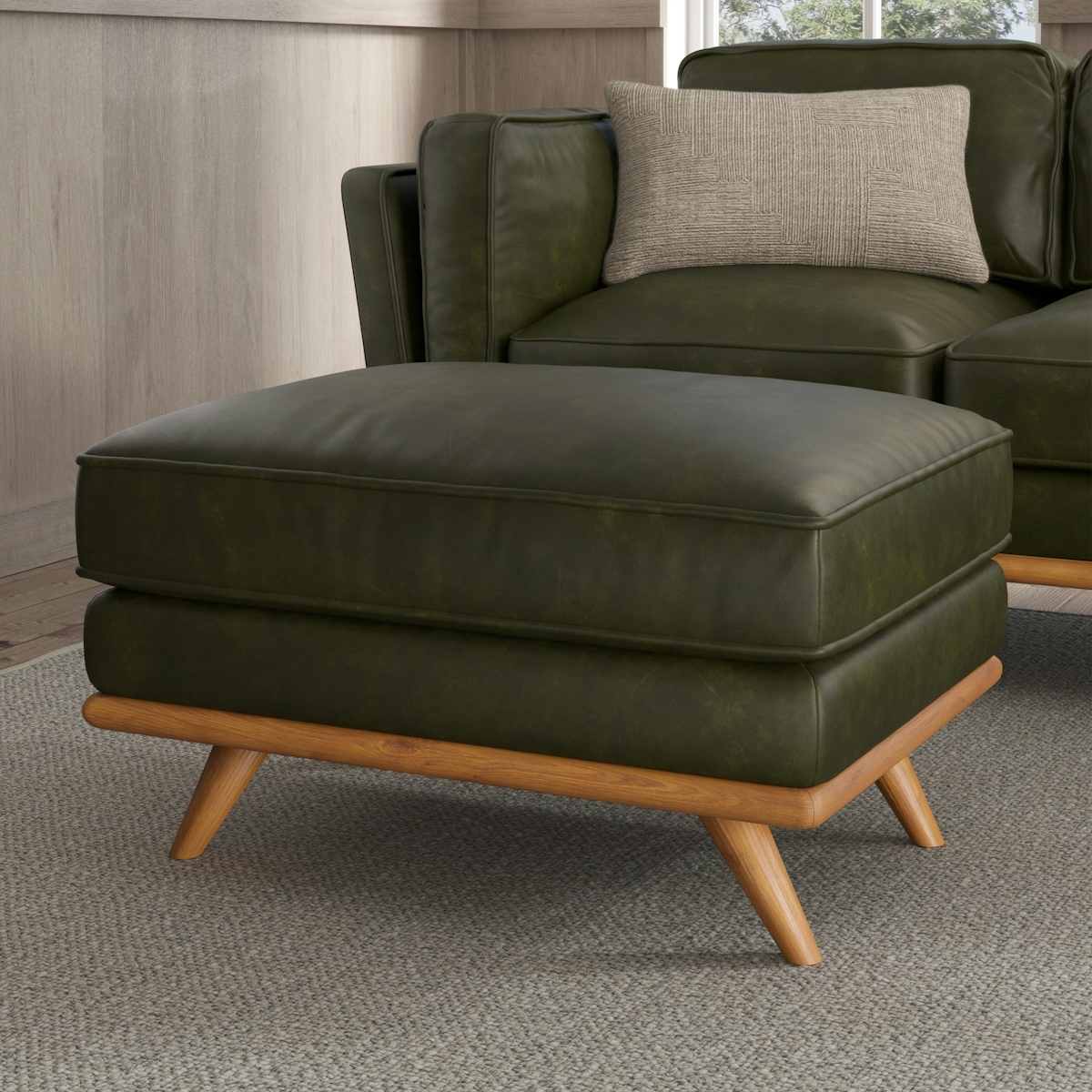 Timber Charme Green Leather & Wood Ottoman | Article