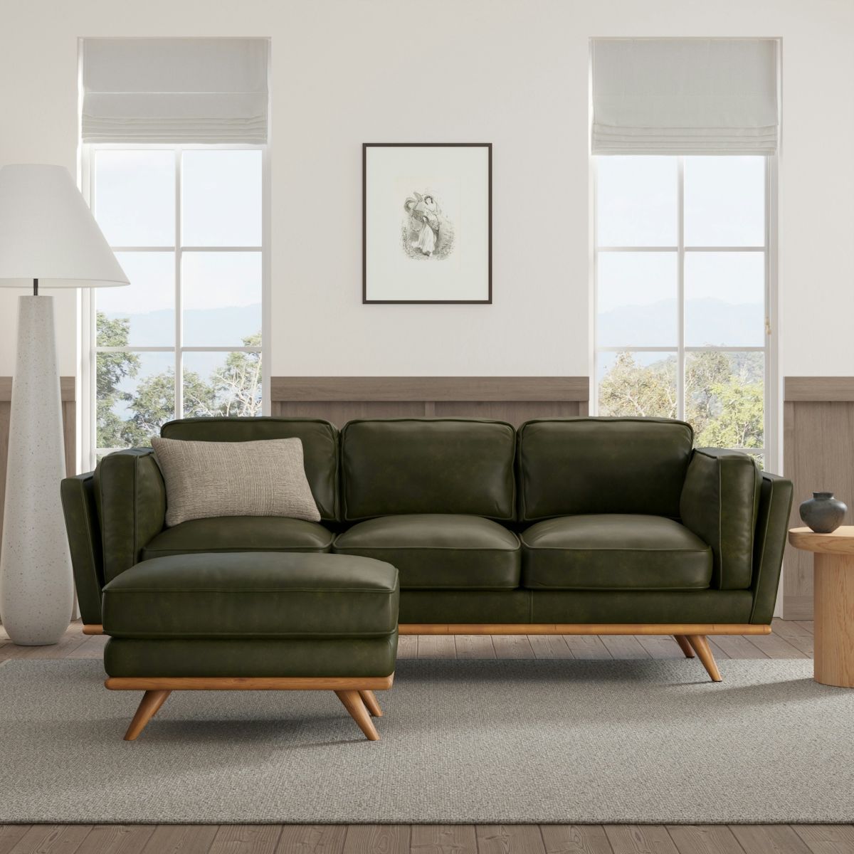 Charme Green Timber Leather Honey Oak 3 Seater Sofa | Article