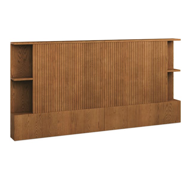 Kouva Smoked Oak King Size Wood Headboard w/ Storage Shelves | Article