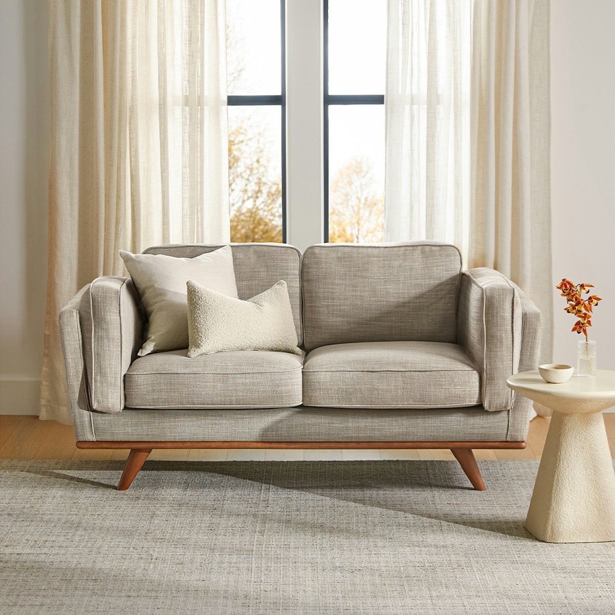 Timber Light Gray Fabric Honey Oak Base 2 Seater Loveseat Sofa ...