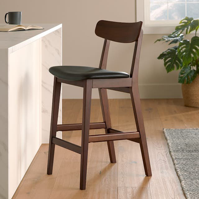 Ecole Black Leather & Walnut Stain Solid Wood Mid-Century Counter Stool ...