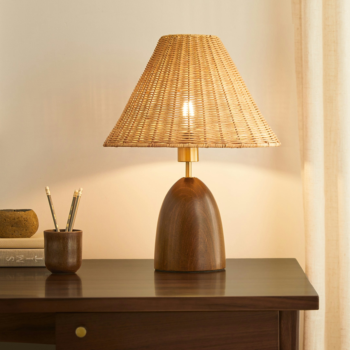 Layne Wooden Base Table Lamp, Rattan Shade | Article