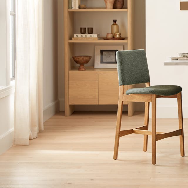 Nosh Oak Green Fabric Counter Stool, Upholstered Seat and Back ...