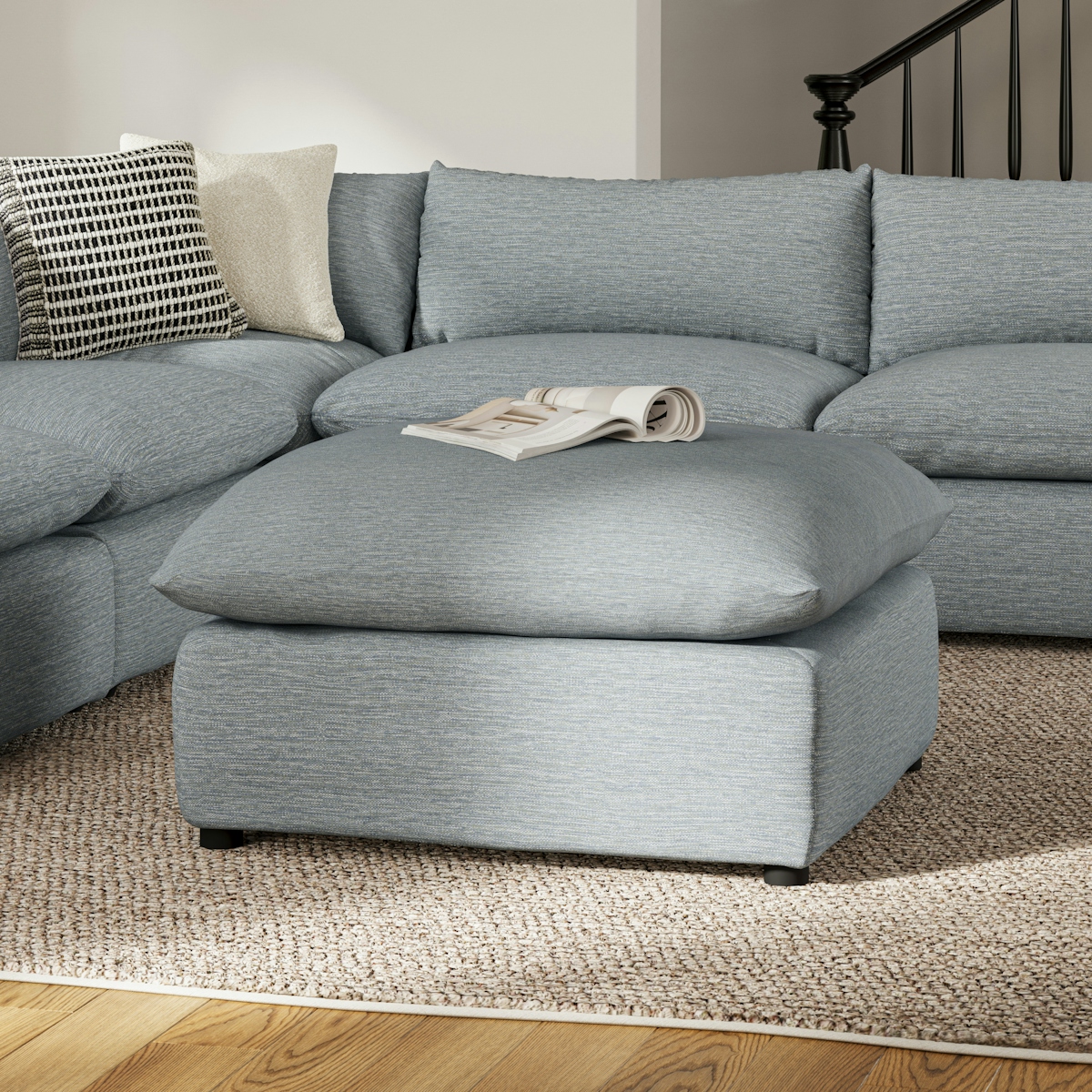 Leigh Silver Light Blue Ottoman, Performance Fabric | Article