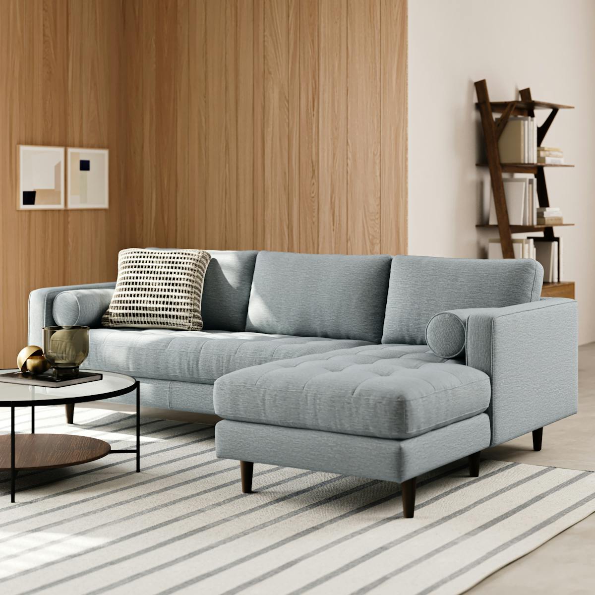 Sven Silver Light Blue Tufted Right Chaise Sectional Sofa | Article
