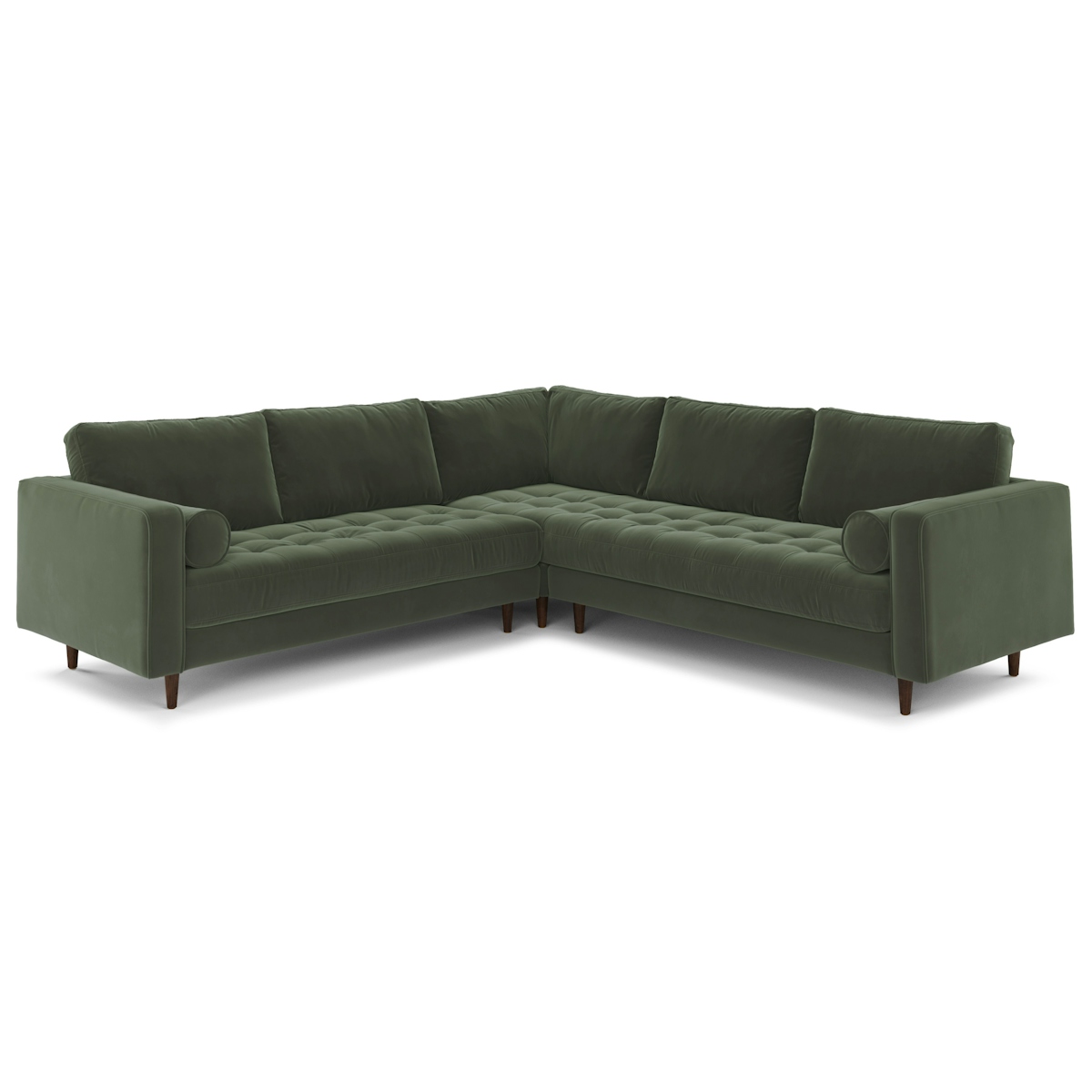 Sven Green Velvet Corner Sectional Sofa, Tufted Bench Seat, Walnut Wood ...