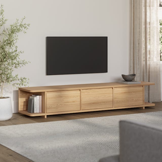 Judith White Oak Wood Low Media Unit with Closed Storage, TV Cable ...