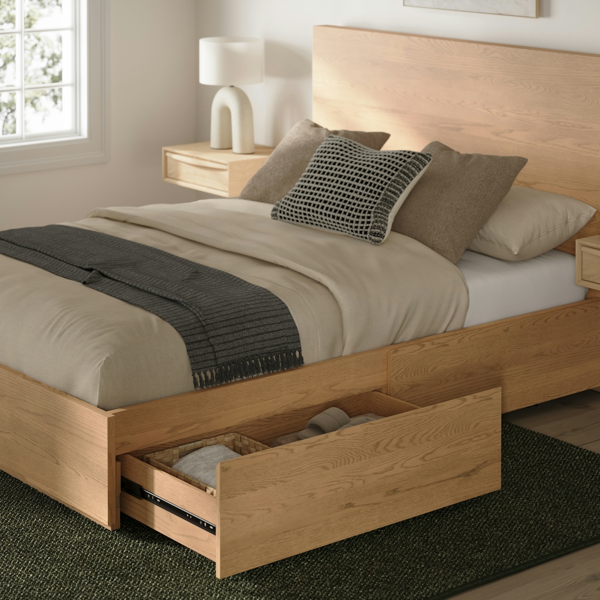 Leif White Oak Wood Queen Bed with Storage Drawers | Article