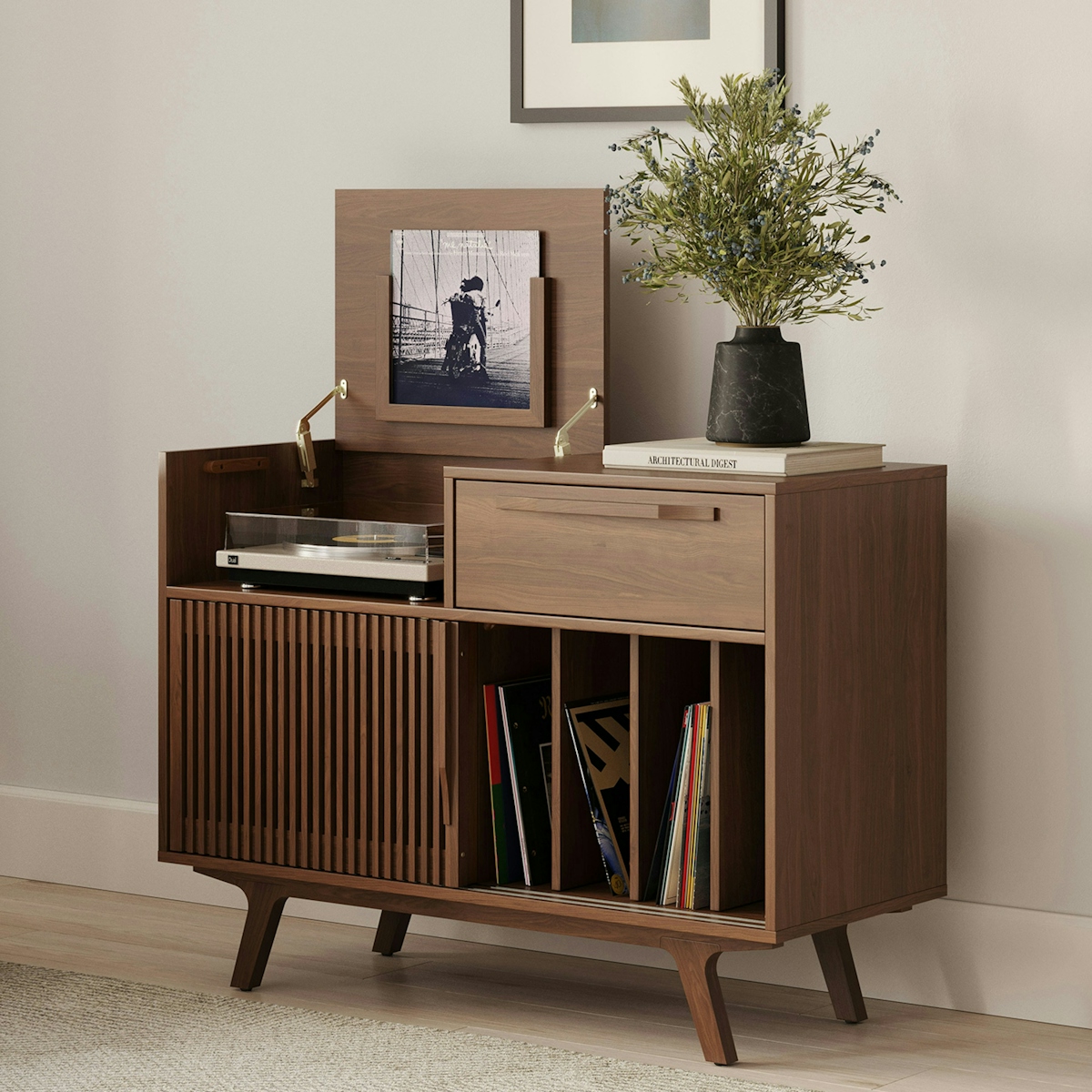 Jokuna American Walnut Vinyl Media Unit w/ Sliding Doors and Record ...