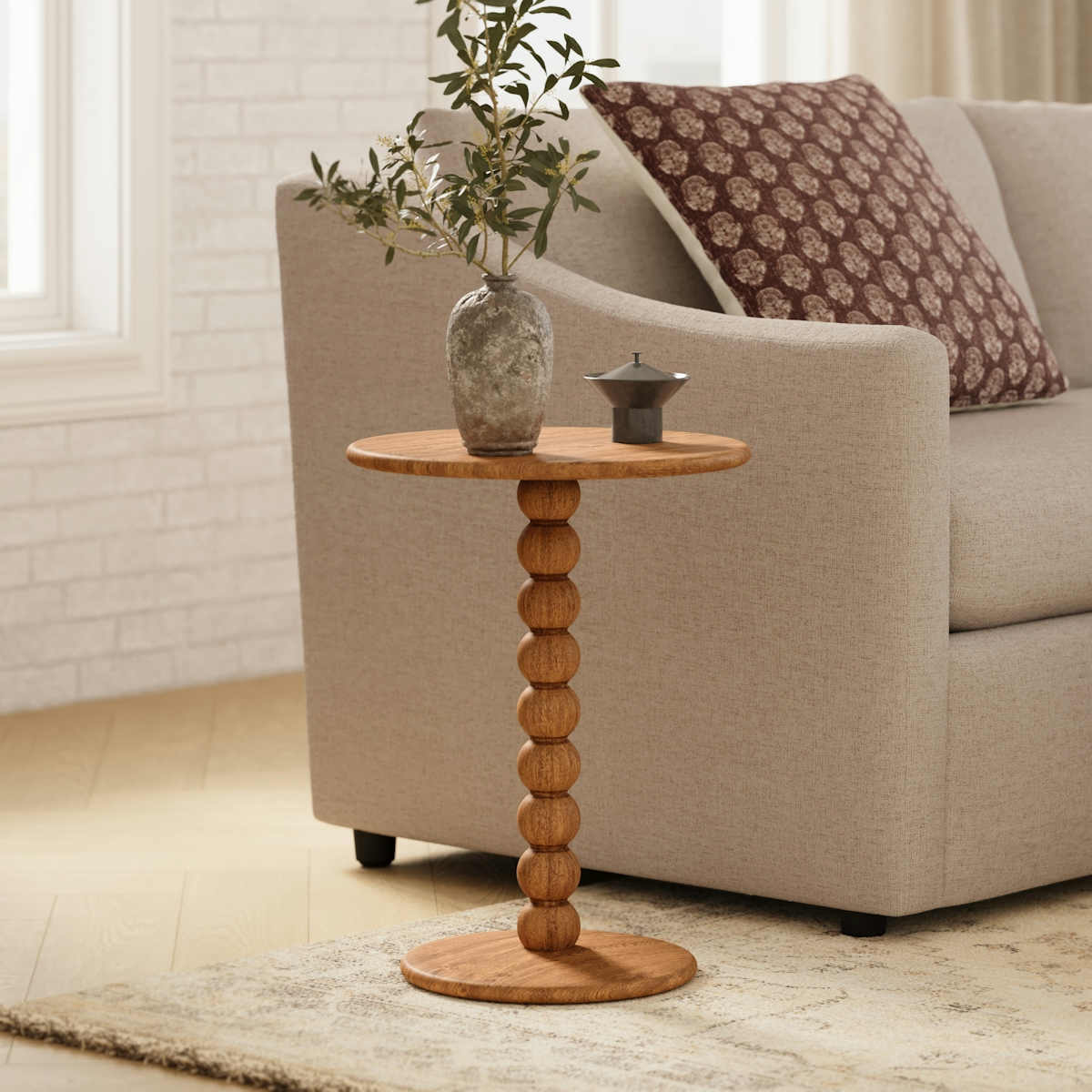Hallie Smoked Oak Beaded Pedestal Side Table, Solid Wood | Article