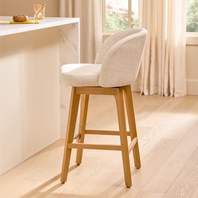 Alta Ivory Fabric Swivel Counter Stool, Upholstered Seat and Back, Oak ...