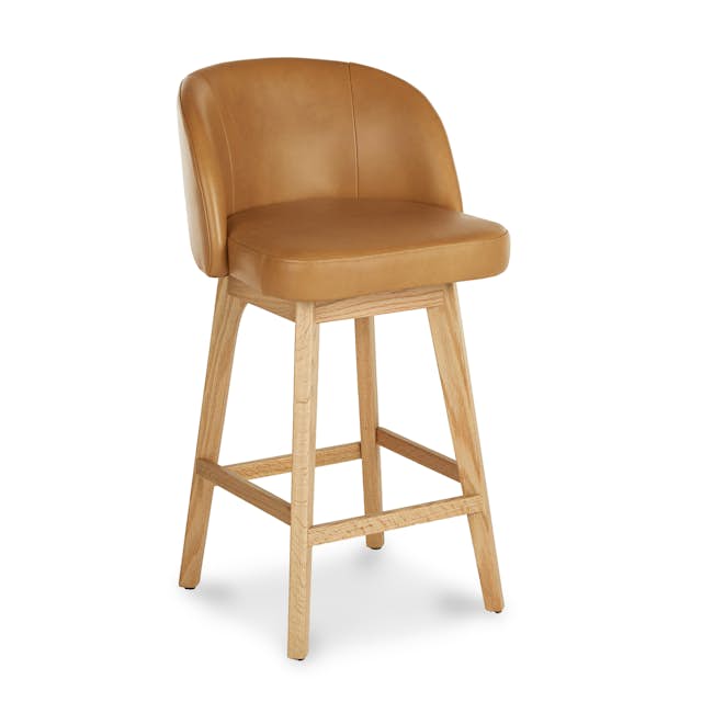 Alta Tan Leather Swivel Counter Stool, Upholstered Seat and Back, Oak ...