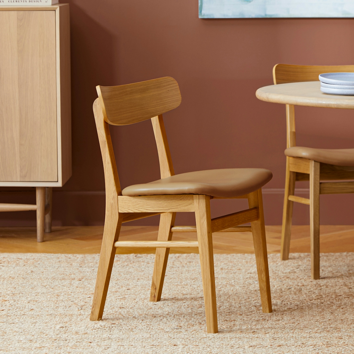 Ecole 2x Tan Leather Dining Chair Set, Oak Frame | Article