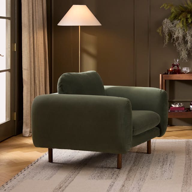 Sanders Green Velvet Lounge Chair, Solid Wood Legs | Article