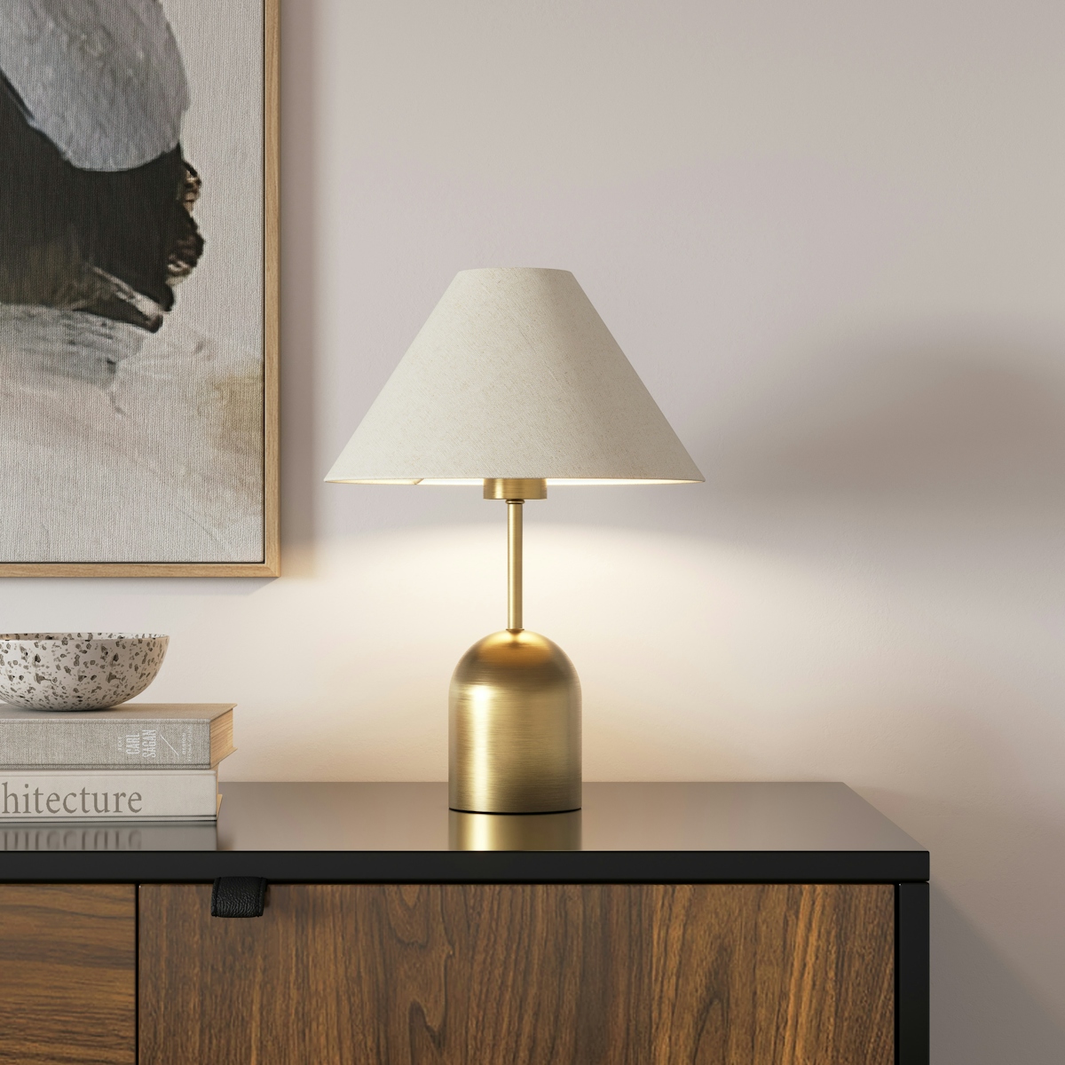 Markham Brass Metal Table Lamp w/ Empire Shade, Linen-blend Fabric ...