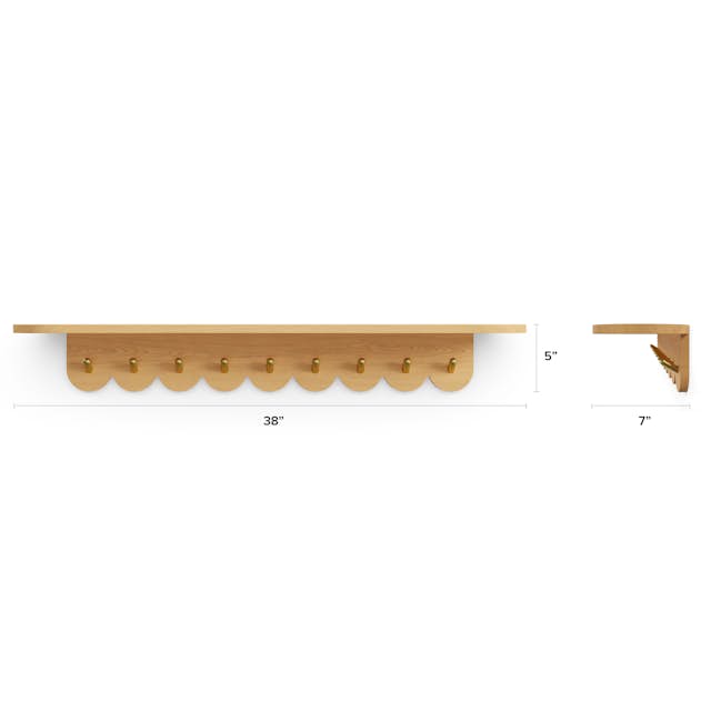 Shelly Scalloped Wide Ledge Wall Shelf, Oak Wood, Brass Hooks | Article