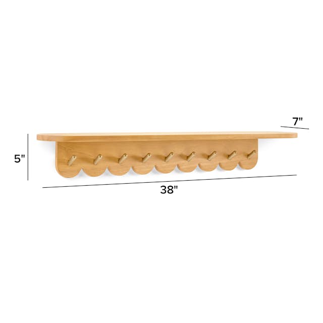 Shelly Scalloped Wide Ledge Wall Shelf, Oak Wood, Brass Hooks | Article