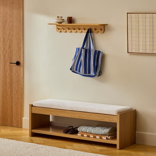 Shelly Scalloped Wide Ledge Wall Shelf, Oak Wood, Brass Hooks | Article